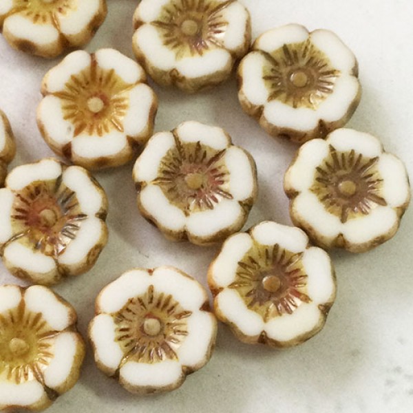 12mm Czech Table-Cut Hibiscus Flower Beads - White with Picasso Finish ...