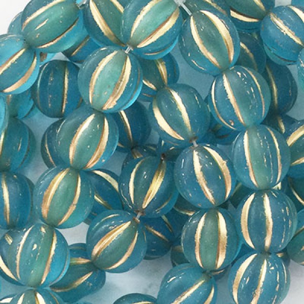 10mm Czech Melon Beads - Turquoise with Matte Finish & Gold Wash - Pack ...